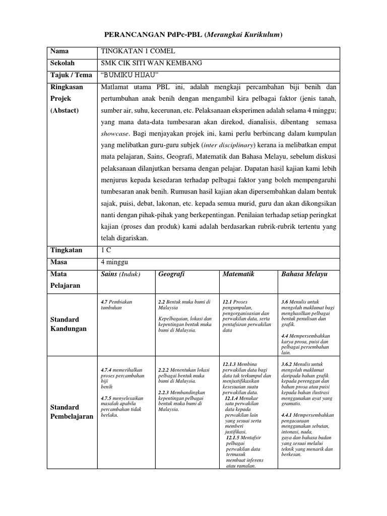 Perancangan PBL (Merangkai Kurikulum) Tingkatan 1 | PDF