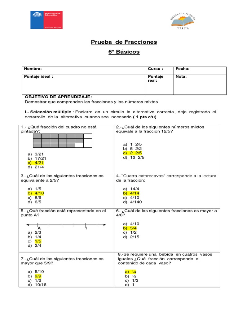 Prueba de Fracciones 6º Básico | PDF | Fracción (Matemáticas) | Notación