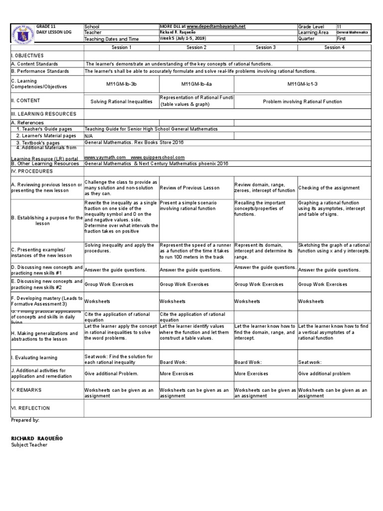 Grade 11 General Math Lesson Plan | PDF | Function (Mathematics ...