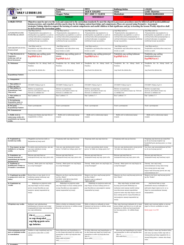 DLL Esp Week 1 Quarter 1 Grade 1 Olive | PDF