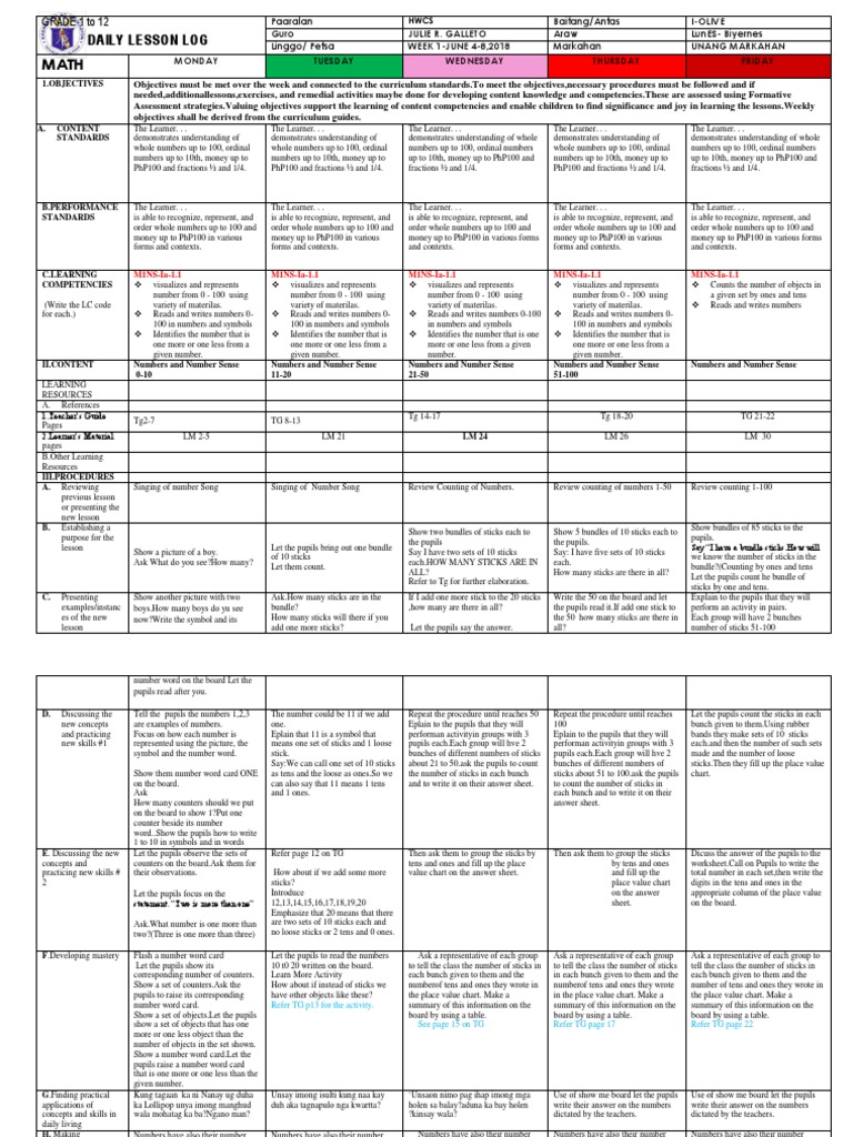 DLL Math Week 1 Grade 1 Olive | PDF | Literacy | Symbols