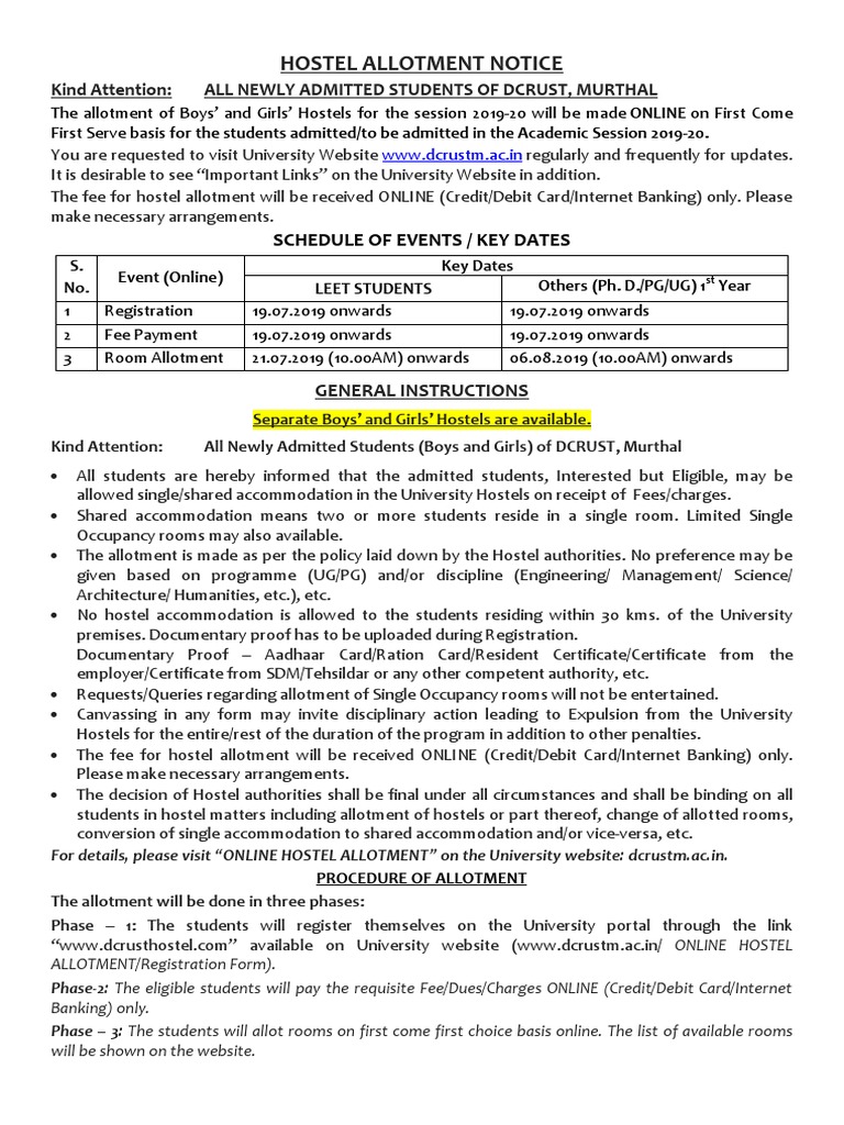 Notice Hostel Allotment Dcrust | PDF | Hostel | Internet