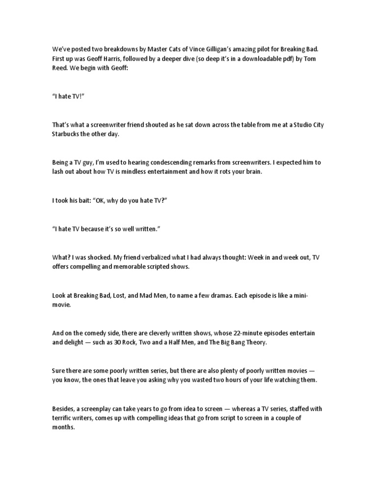 Breaking Bad Pilot Beat Sheets | PDF | Screenplay