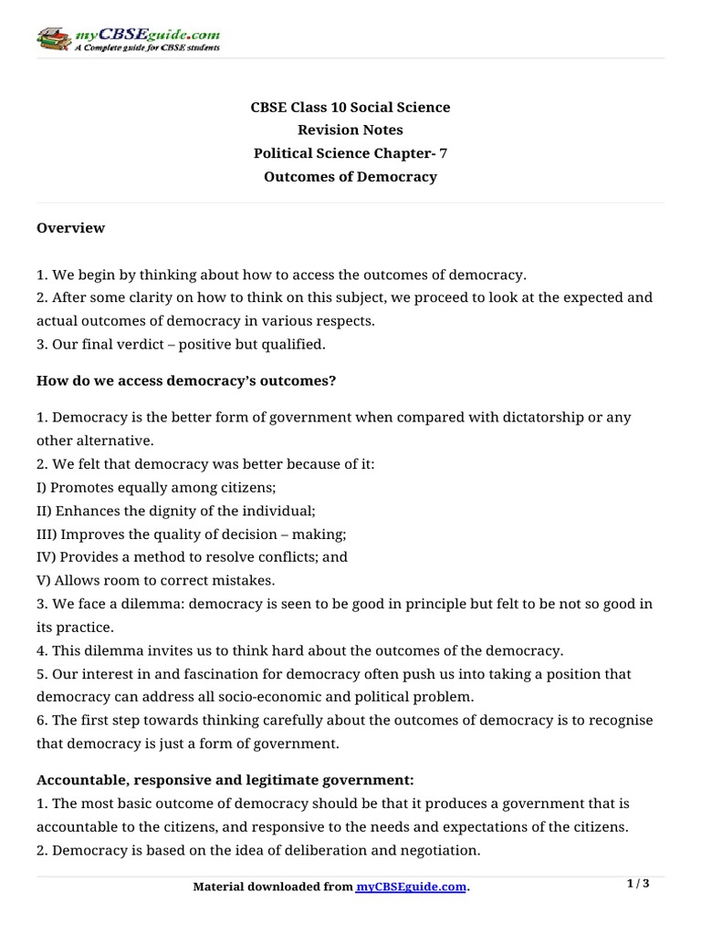 CBSE Class 10 Social Science Revision Notes Political Science Chapter-7 ...