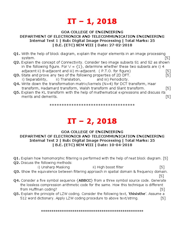 Digital Image Processing IT Question Paper Sets 2018 | PDF | Data ...