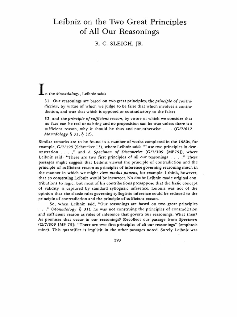 Leibniz On The Two Great Principles-Sleigh | PDF | A Priori And A ...
