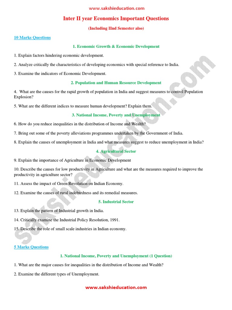 Important Economics Questions for Inter II Year | PDF | Economic ...