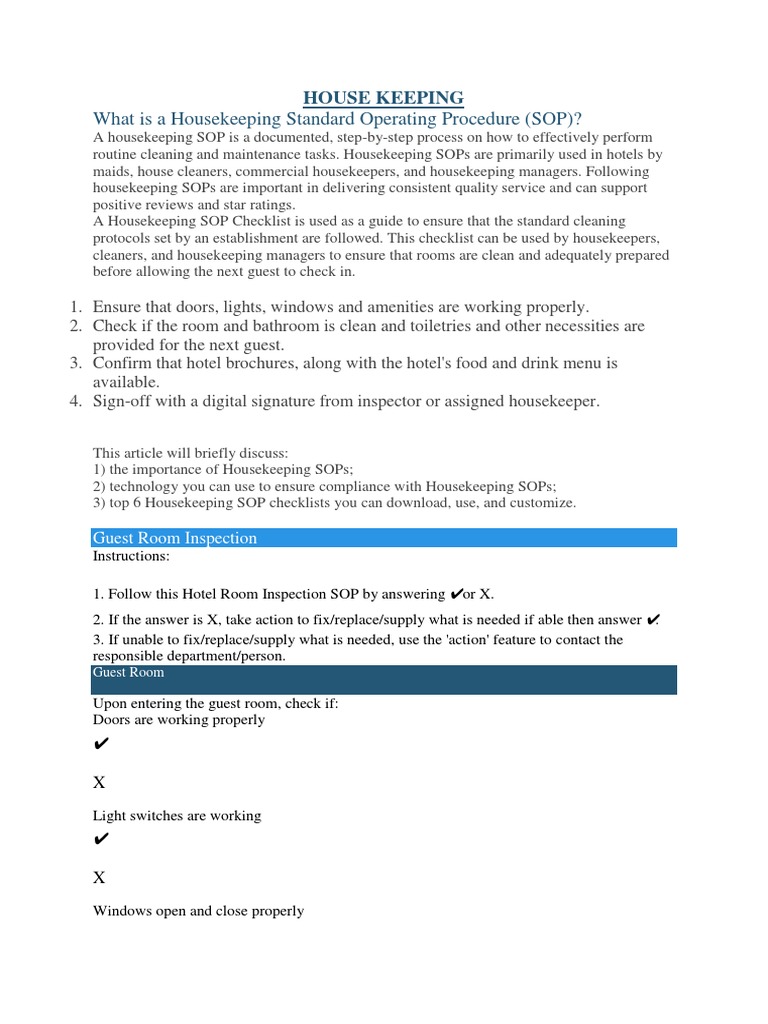 HOUSE KEEPING - SOPs | PDF | Housekeeping | Bathroom