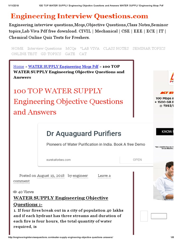 100 TOP WATER SUPPLY Engineering Objective Questions and Answers WATER ...