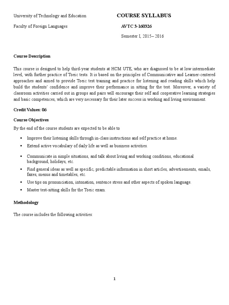 Avtc 3-Toeic Course Syllabus | PDF | Human Communication | Cognition