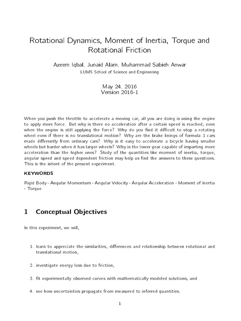 Rotational Dynamics, Moment of Inertia, Torque and Rotational Friction | PDF | Rotation Around A ...
