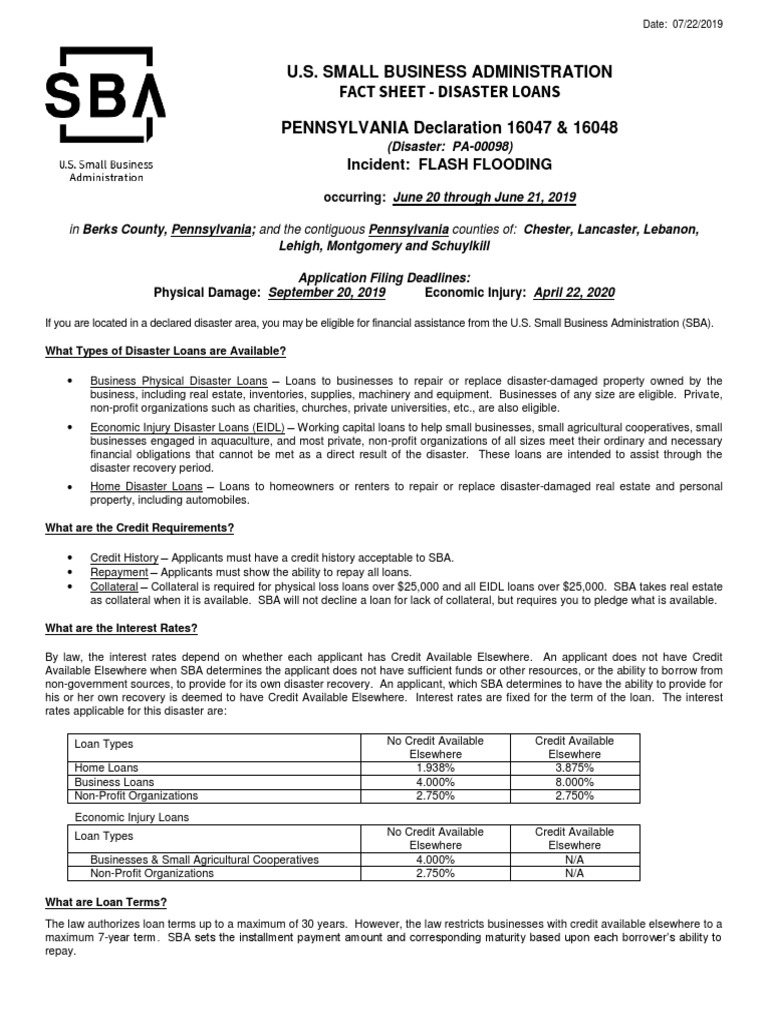 Fact Sheet: Small Business Administration Disaster Declaration For ...