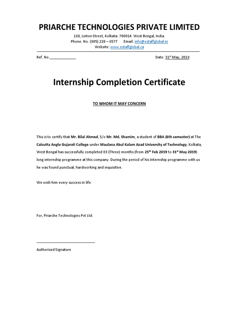 Internship Completion Certificate: Priarche Technologies Private ...