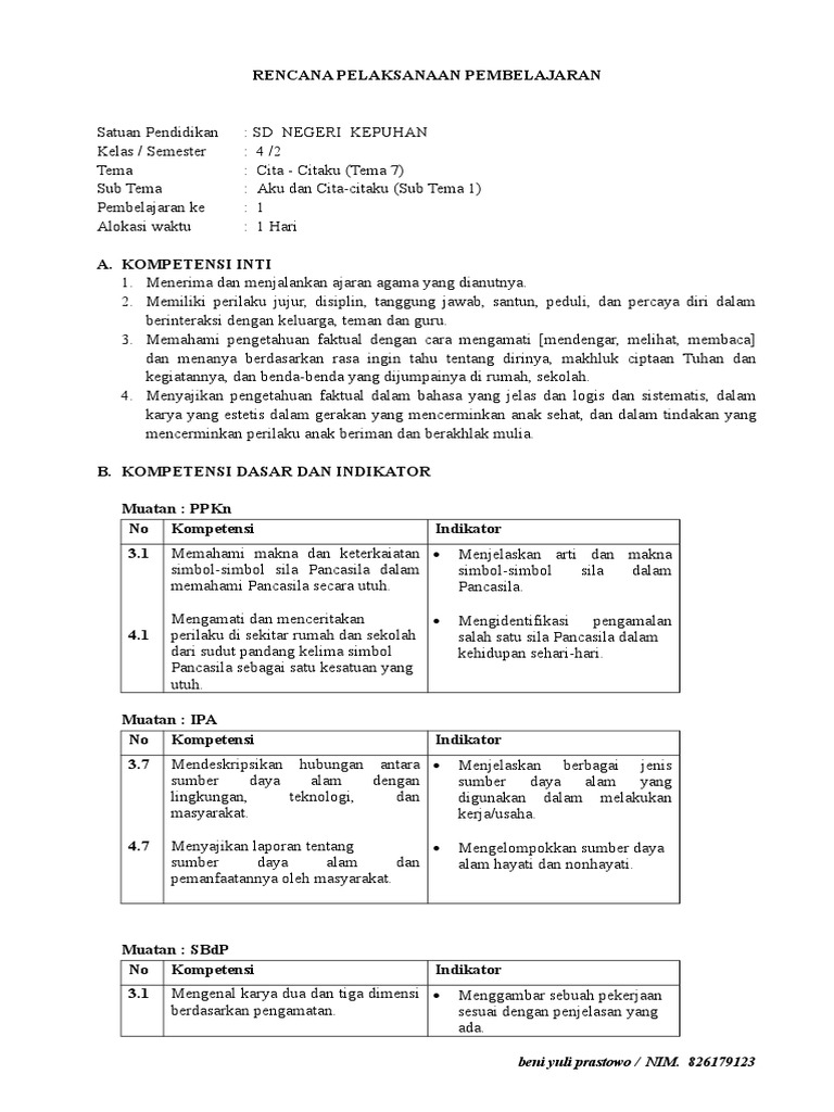 Contoh RPP Kelas IV | PDF | Karier & Perkembangan | Seni & Disiplin Bahasa