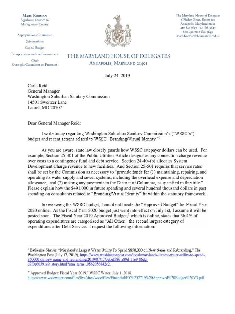 Delegate Korman Letter to WSSC 7-24 | Budget | Government