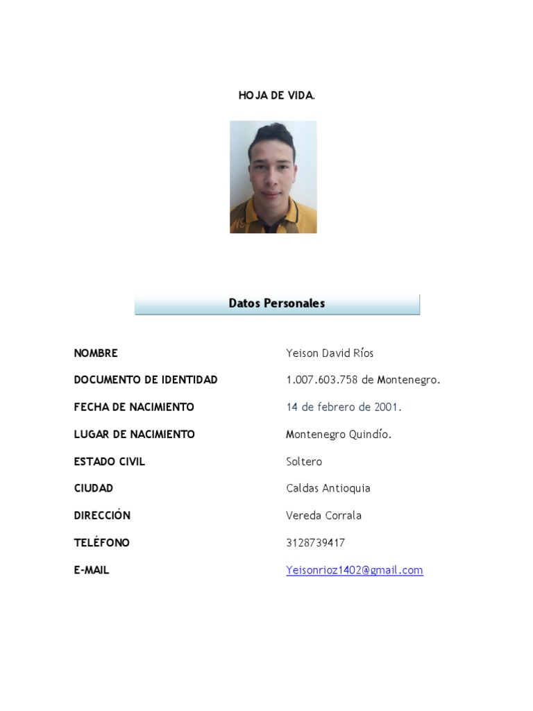 Hoja de Vida de Vida Yeison | PDF