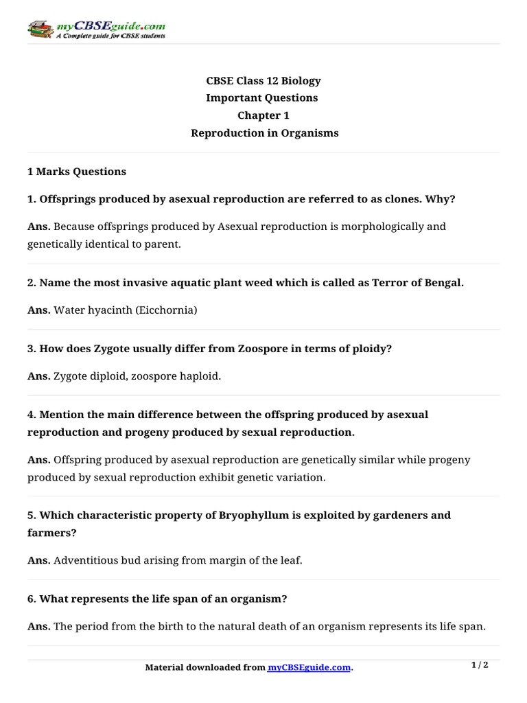 12 Biology Imp Ch1 1 | PDF | Reproduction | Sexual Reproduction