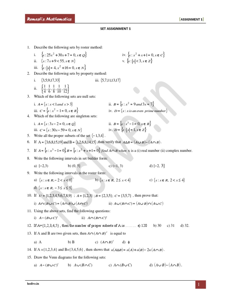 XI Maths SETS Assignments Hsslive | PDF | Abstract Algebra | Logic