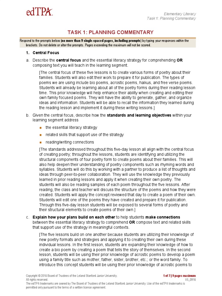 Task 1 Planning Commentary | PDF | Educational Assessment | Teachers