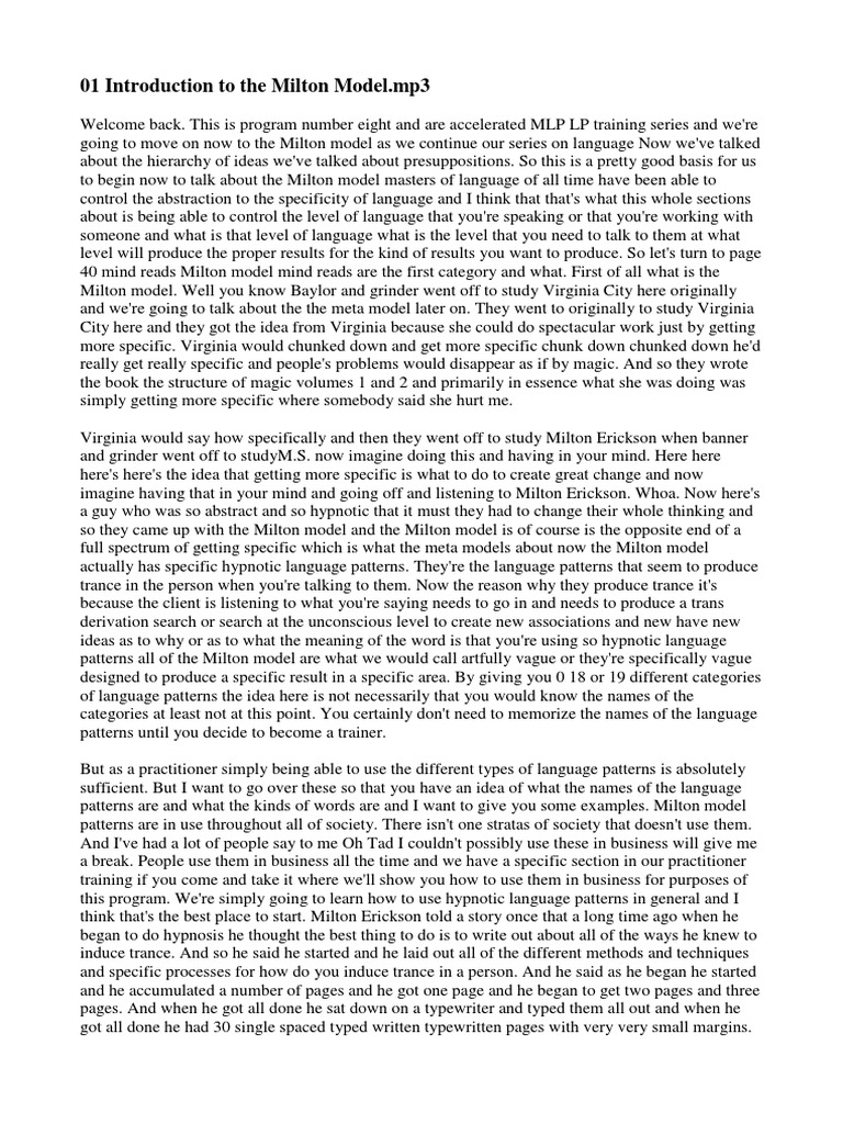 Introduction To The Milton Model | PDF | Hypnosis | Psychological Concepts