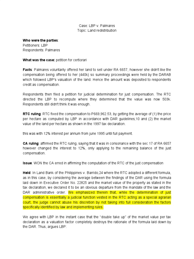 LBP v. Palmares Case Digest | PDF | Real Estate Appraisal | Just ...