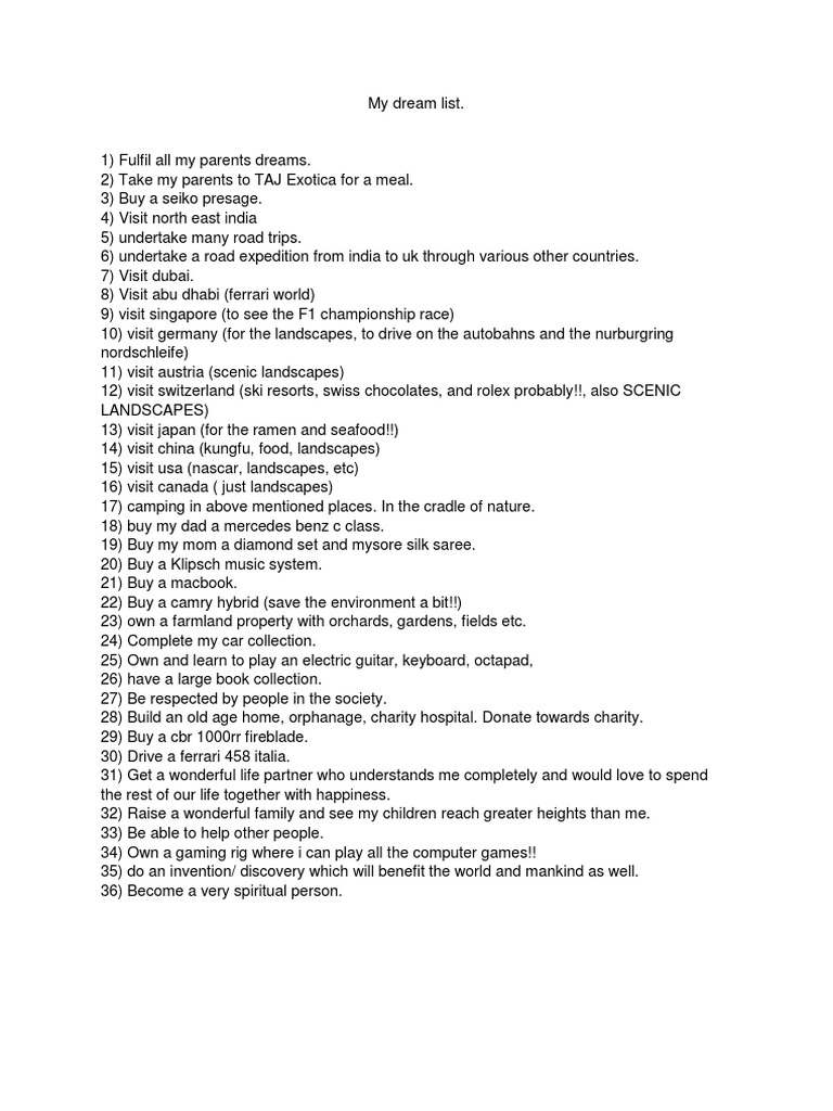 My Dream List: Aspirations and Goals | PDF | Travel