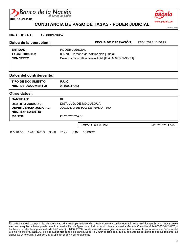 Constancia de Pago de Tasas - Poder Judicial: Datos de La Operación | PDF | Economias | Bancario