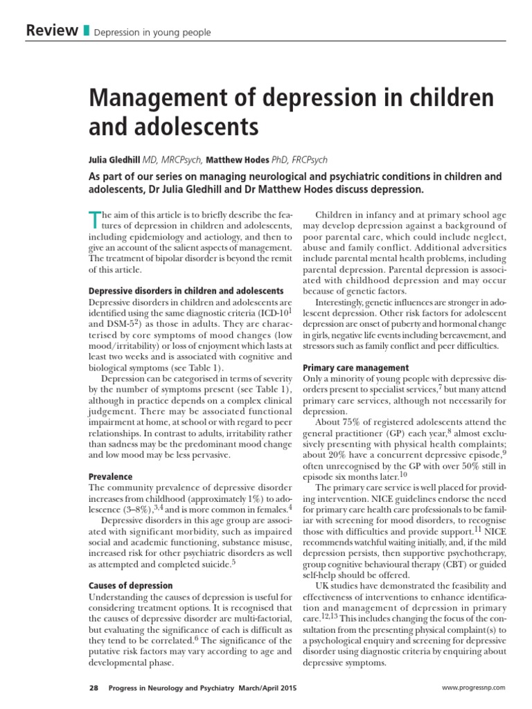Management of Depression in Children and Adolescents: Review | PDF ...