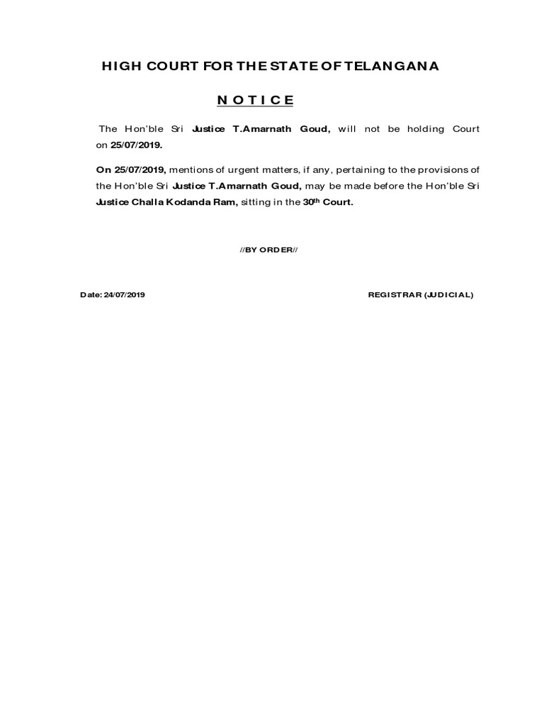 High Court For The State of Telangana Notice: //BY ORDER | PDF