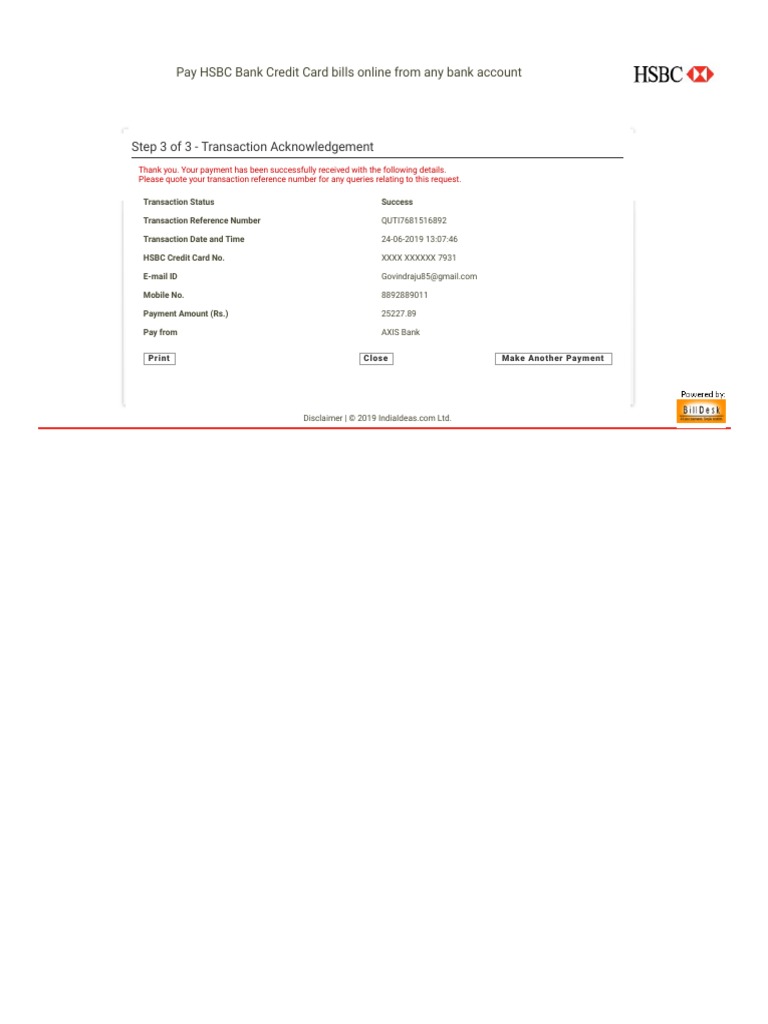 Step 3 of 3 - Transaction Acknowledgement: Pay HSBC Bank Credit Card ...