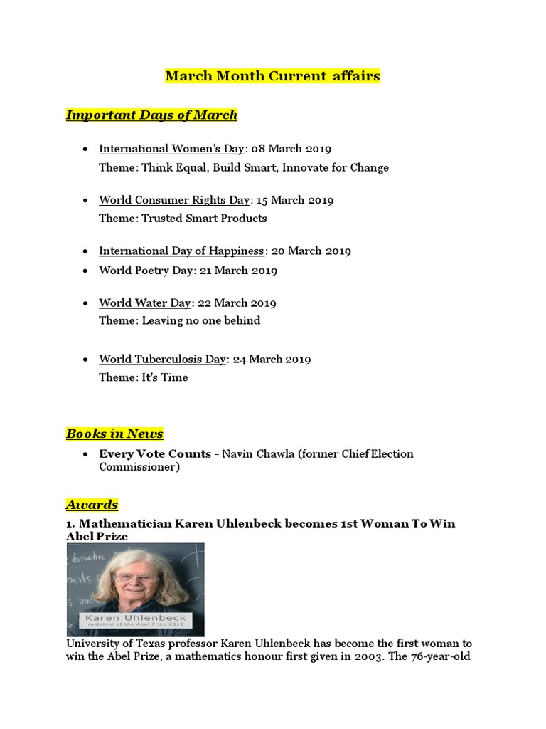 March Month Current Affairs: Important Days of March | PDF | Government ...