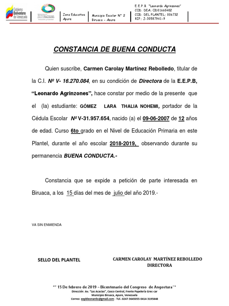 Boleta de Buena Conducta 6to Grado Seccion e | PDF | Venezuela ...