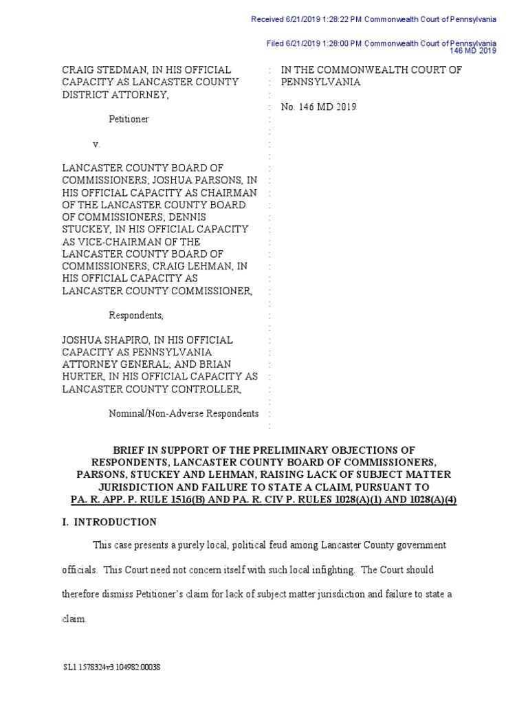 Brief in Support of The Preliminary Objections 6.21.19 | PDF ...