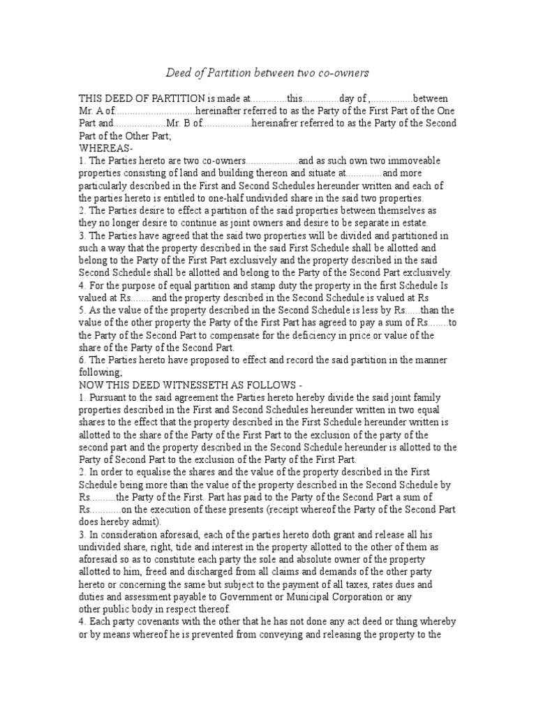 Deed of Partition Between Two Co owners-Deeds-Partition-1669 | PDF ...