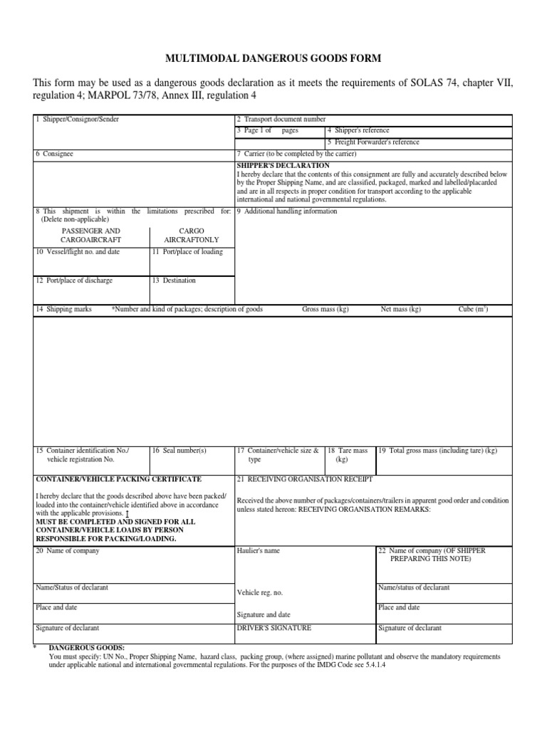 Multimodal Dangerous Goods Form | PDF | Cargo | Dangerous Goods