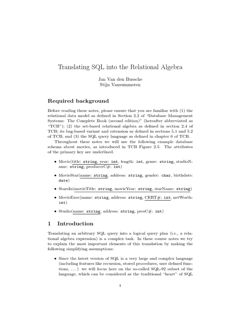 Translating SQL Into The Relational Algebra: Required Background | PDF ...
