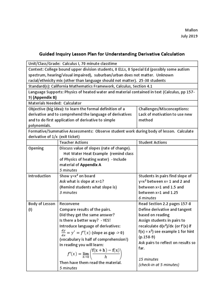 Guided Inquiry Lesson Plan For Understanding Derivative Calculation ...