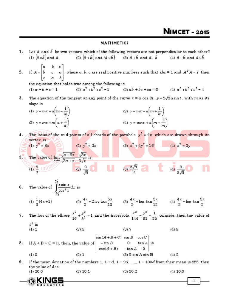 NIMCET 2015 - With Answer Key PDF | PDF | Geometry | Elementary Mathematics