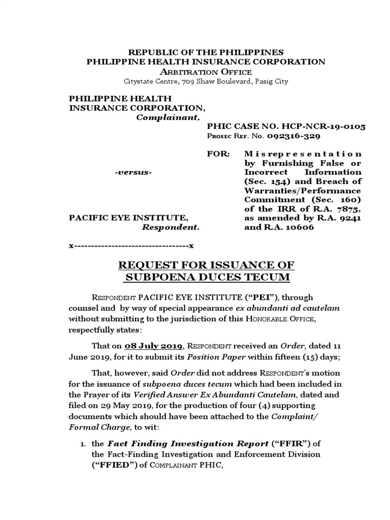 Request For Issuance of Subpoena Duces Tecum: Complainant | PDF ...