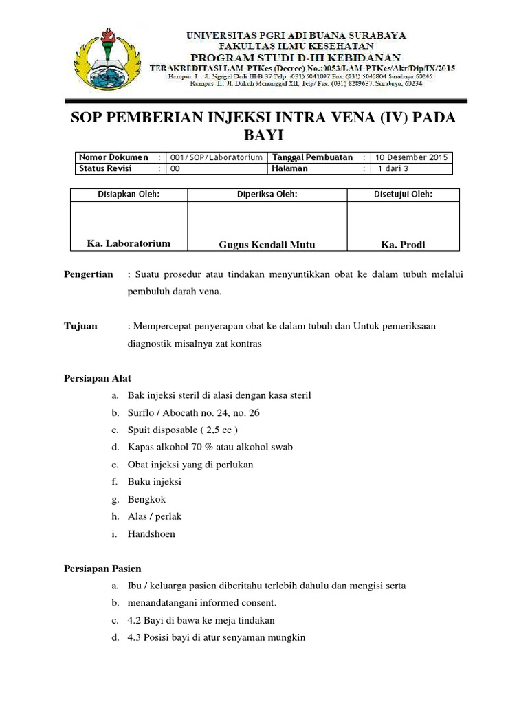 Sop Pemberian Injeksi Intra Vena (IV) Pada Bayi | PDF | Kesehatan ...