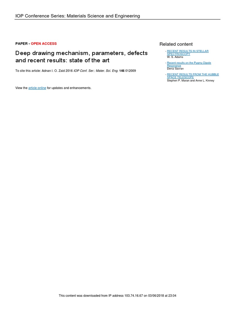 Deep Drawing Mechanism, Parameters, Defects and Recent Results: State ...