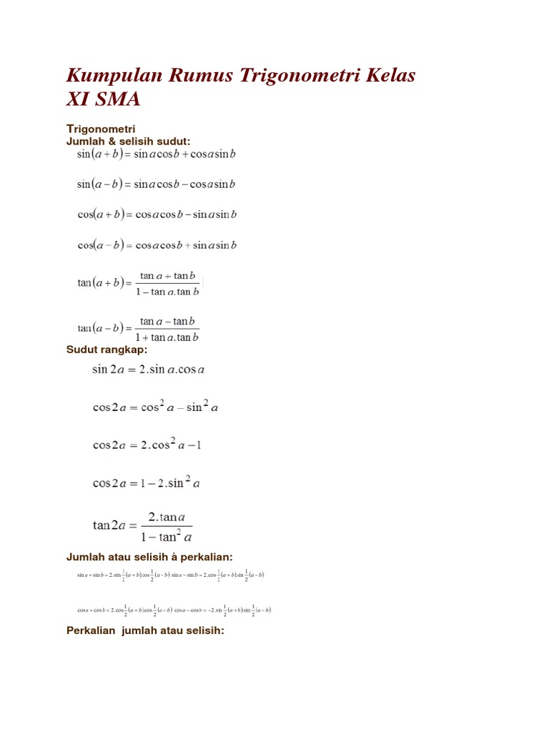 Kumpulan Rumus Trigonometri Kelas XI SMA | PDF