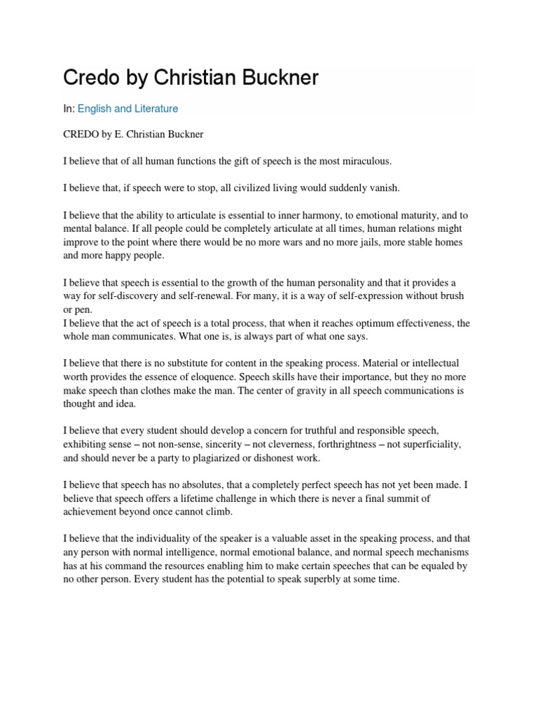 Credo by Christian Buckner: English and Literature | PDF
