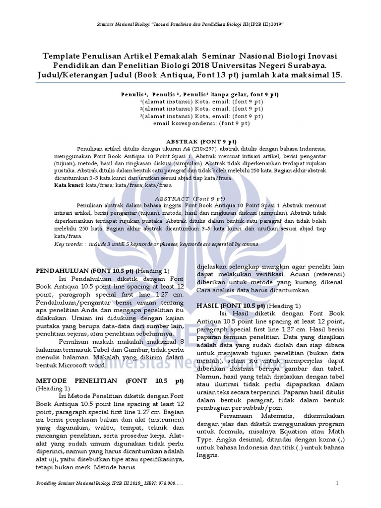 Template Penulisan Fullpaper Pemakalah Seminar Nasional Biologi 2019 | PDF