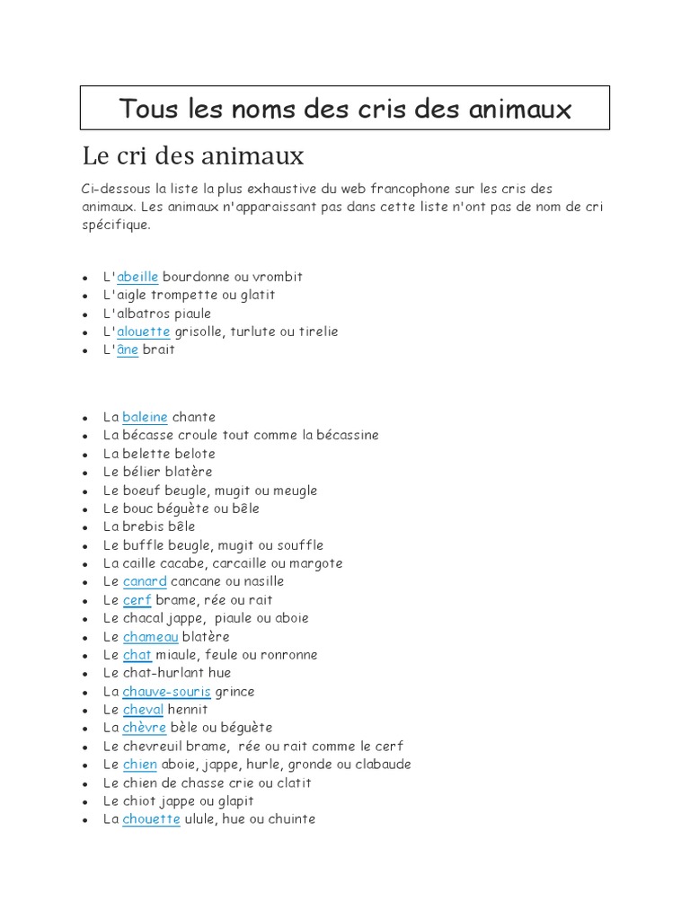 Cris des animaux : liste complète | PDF | Oiseaux | La nature