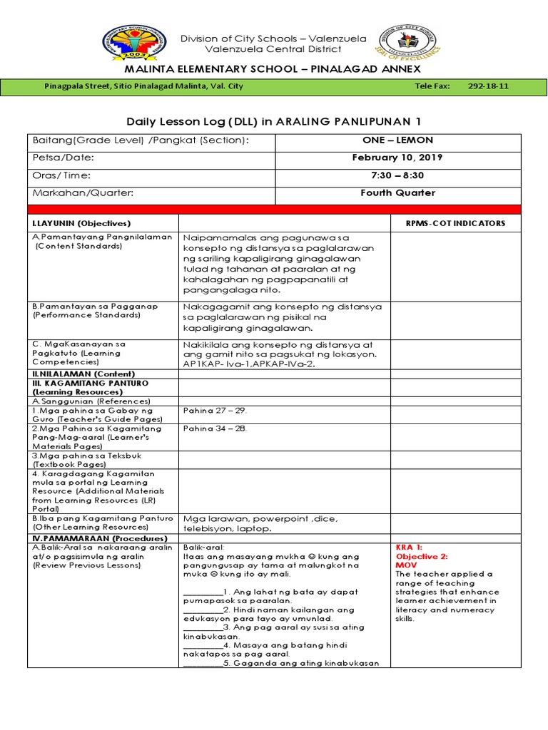 Detailed Dll- Cot AP Grade 1 - Enan 4th Cot