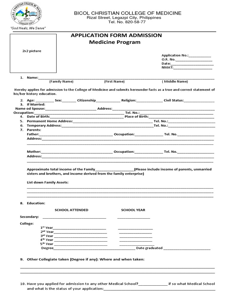 Application Form Admission Medicine Program: Bicol Christian College of ...