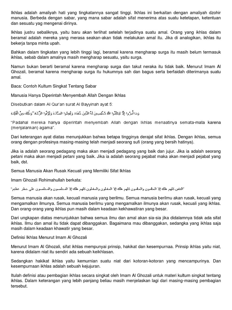 Ikhlas Adalah Amaliyah Hati Yang Tingkatannya Sangat Tinggi | PDF