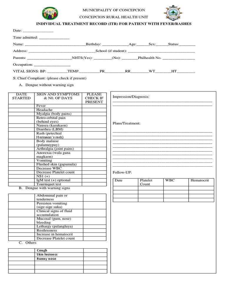 Individual Treatment Record (Itr) For Patient With Fever/Rashes | PDF ...