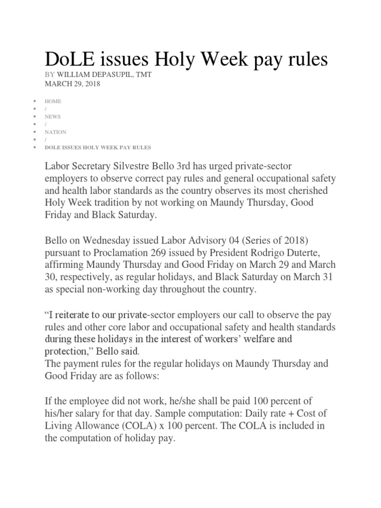 DoLE Issues Holy Week Pay Rules | PDF | Overtime | Unemployment Benefits